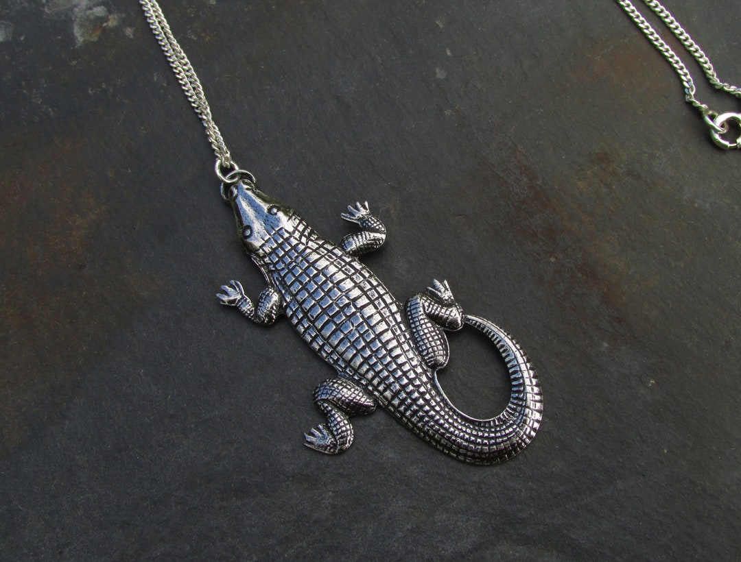 Crocodile Pendant, Silver Plated Brass, Sterling Silver Chain, Silver ...