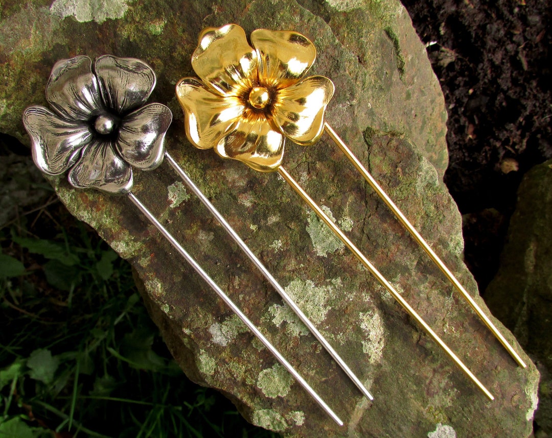 Hairpin Big Flower, Silver Plated or Gilded Brass, Hair Style Accessory ...