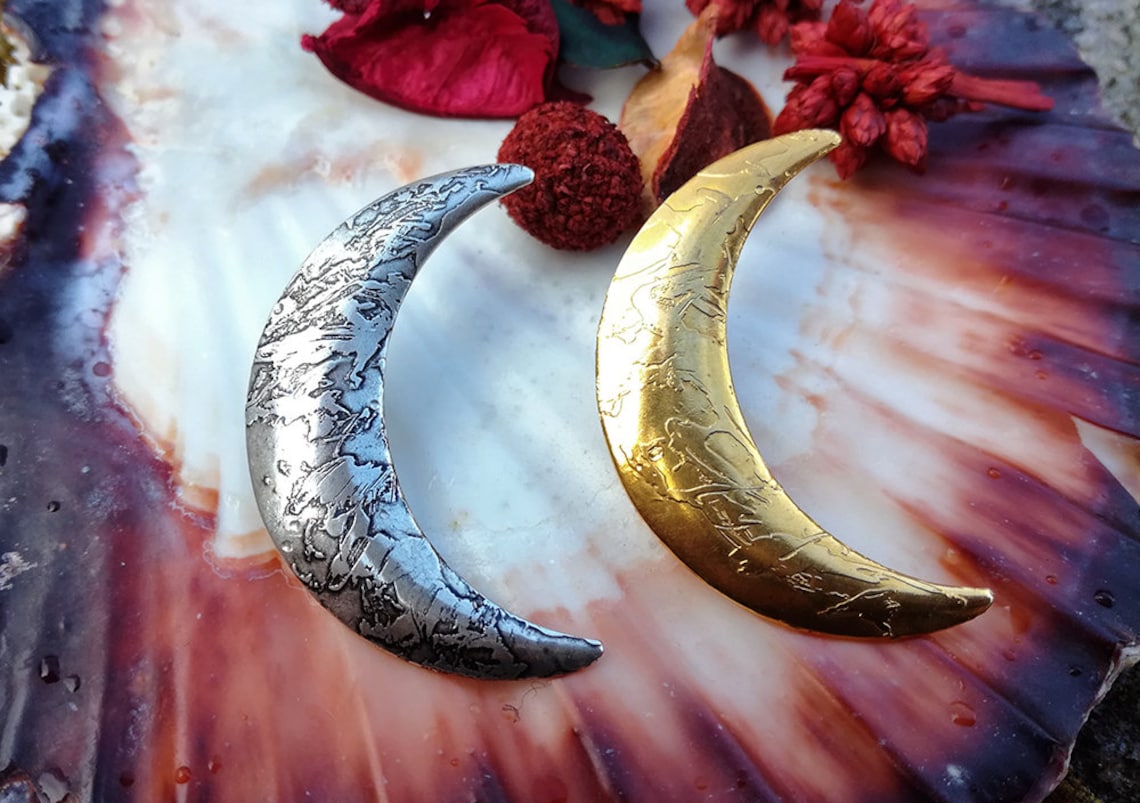 Moon Pin's Brooch, Etched and Silver-plated or Gilded Brass, Cycle ...