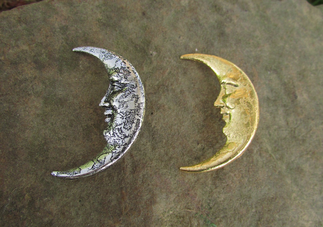 Moon Face Pin Brooch, Silver Plated and Etched Brass, Moon Symbol ...