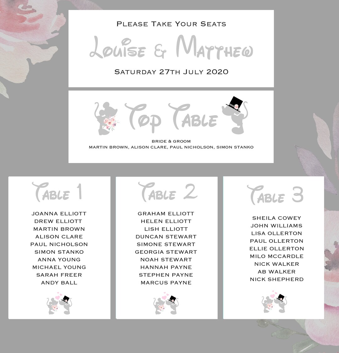 Personalised Table Seating Plan Cards_disney Minnie/mickey Mouse ...