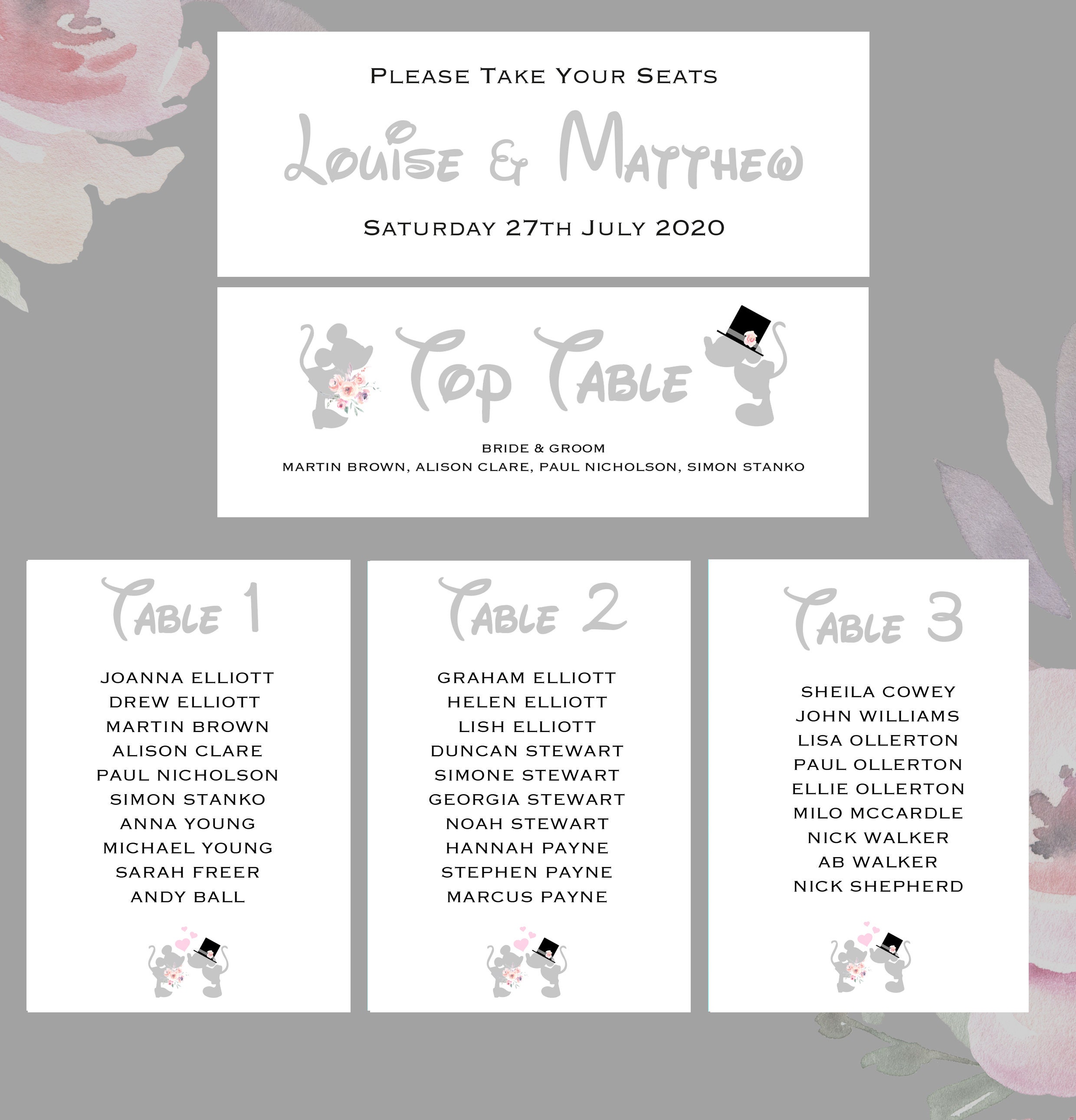 Personalised Table Seating Plan Cards_disney Minnie/mickey Mouse ...