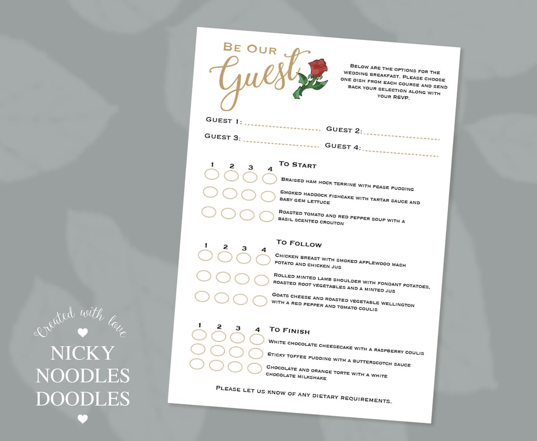 10 X A5 Be Our Guest Menu Choices Card - Etsy