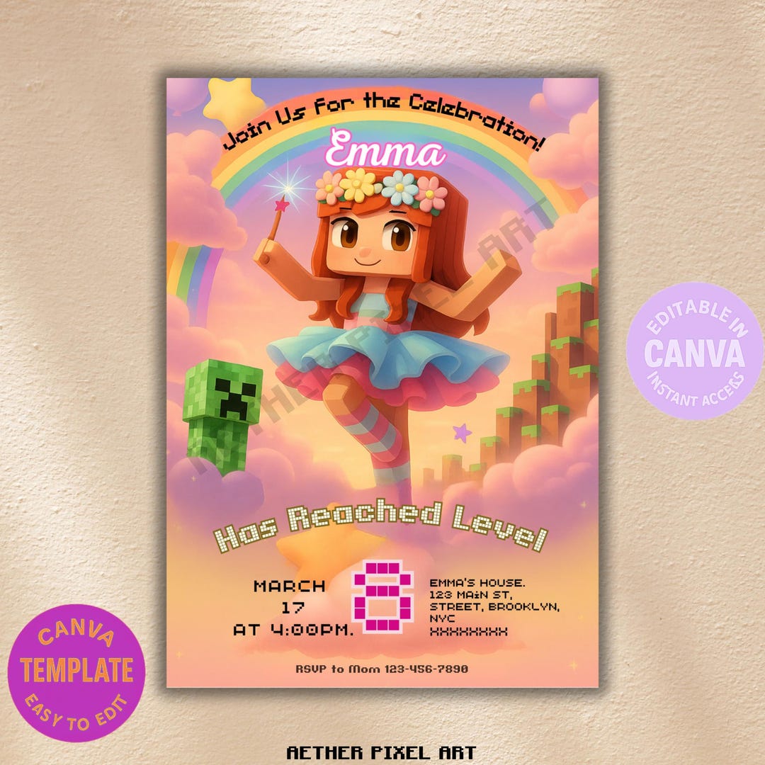 Pink Pixel Gamer Birthday Invitation: Girl Pastel Party (canva Digital ...