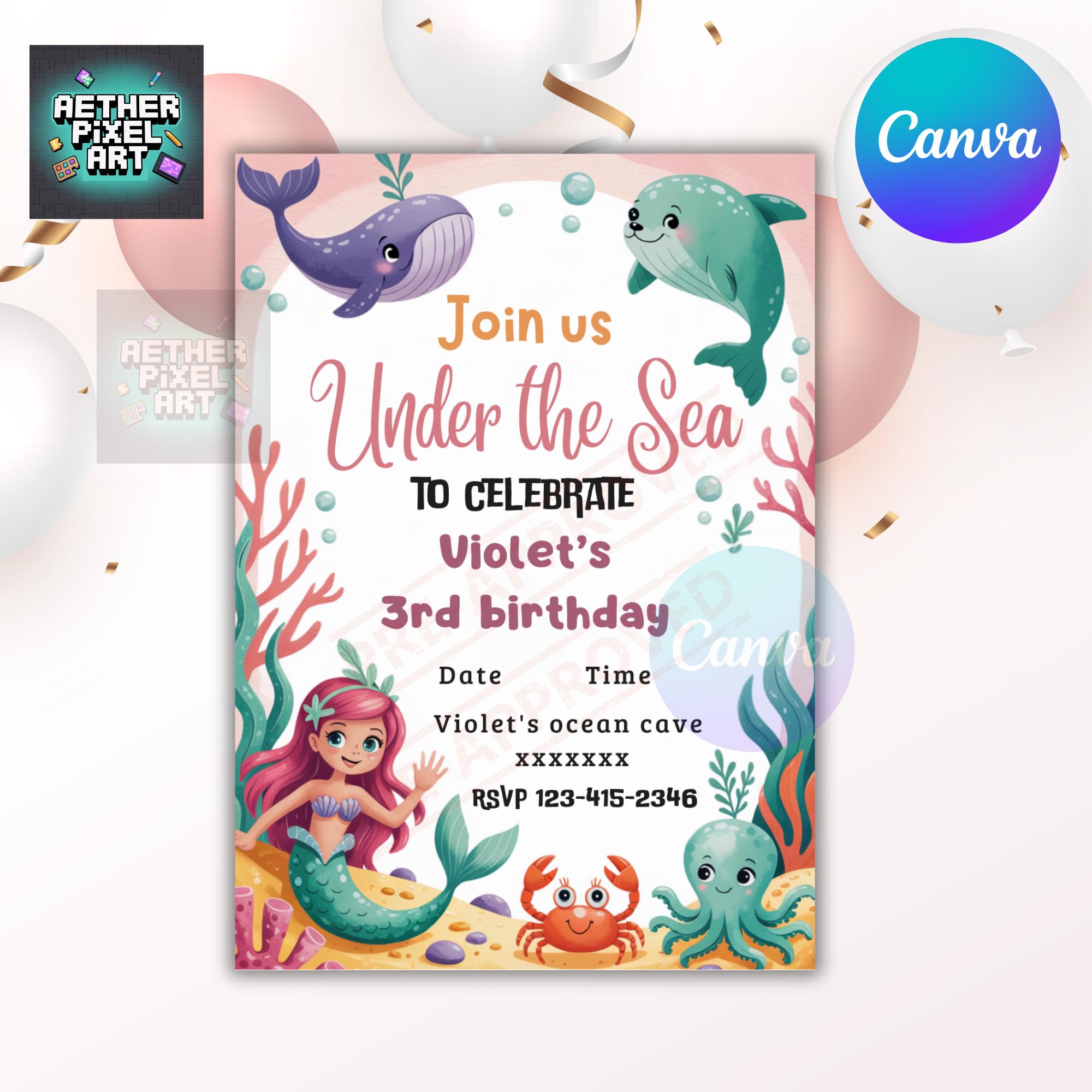 Under the Sea 3rd Birthday Invitation, Girl Toddler Editable Ocean ...
