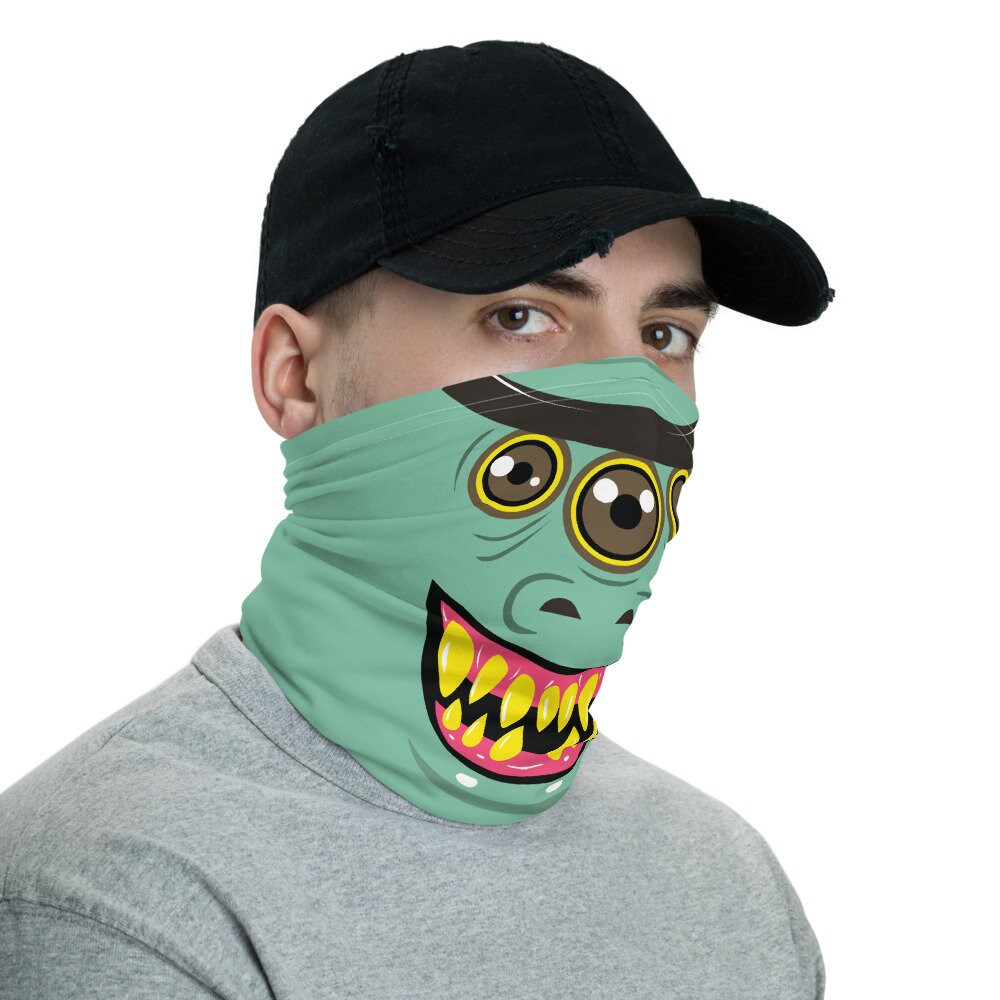 Green Monster Face Mask Neck Gaiter, Happy Monsters Mouth Big Teeth ...