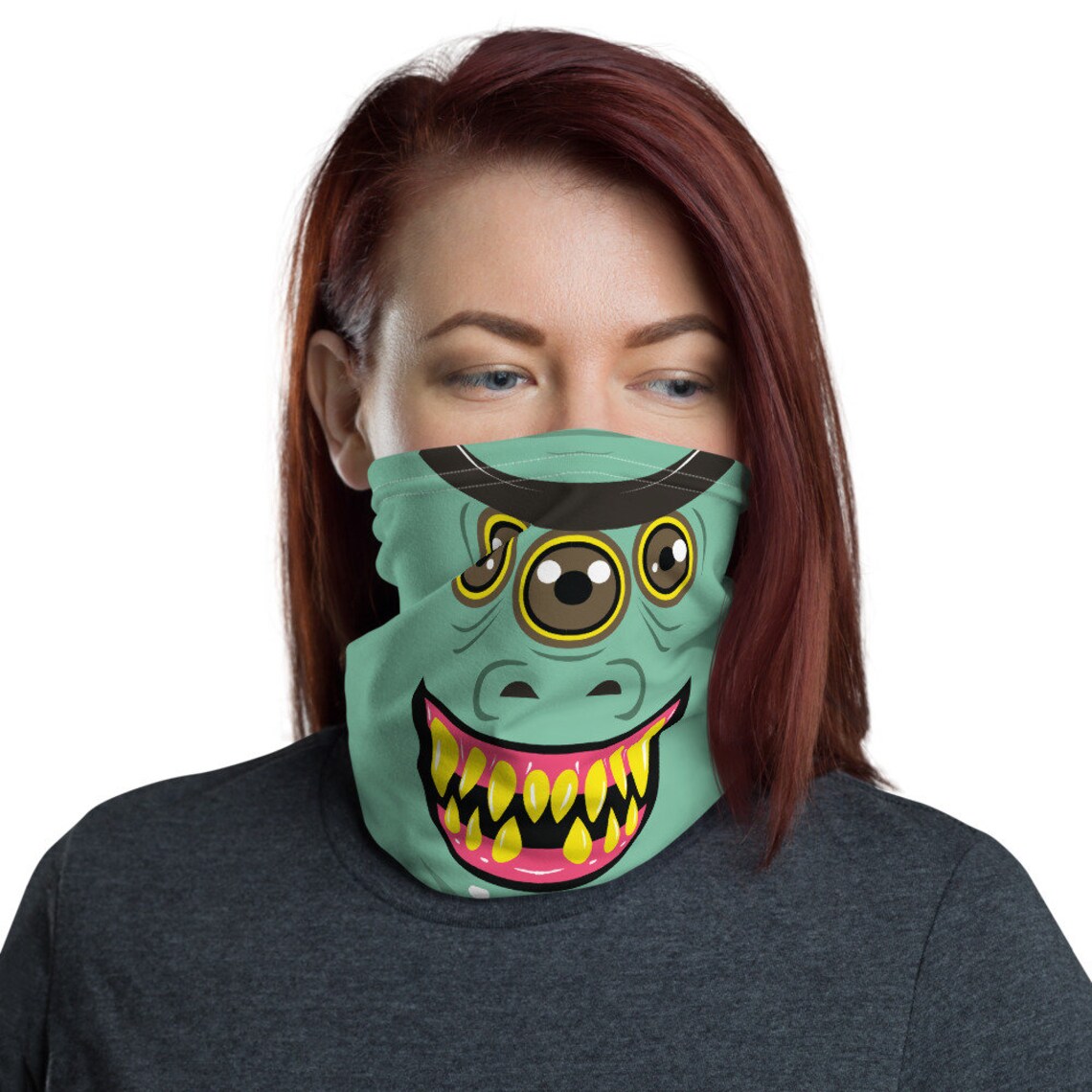 Green Monster Face Mask Neck Gaiter, Happy Monsters Mouth Big Teeth ...