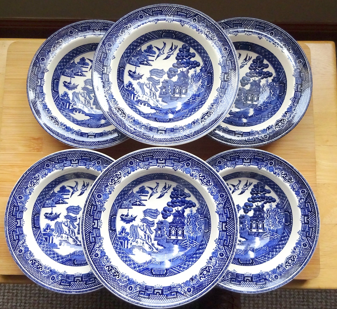 6 X Vintage Johnson Brothers Willow Pattern Fruit/dessert Bowls, 6.25ins, Blue and White ...