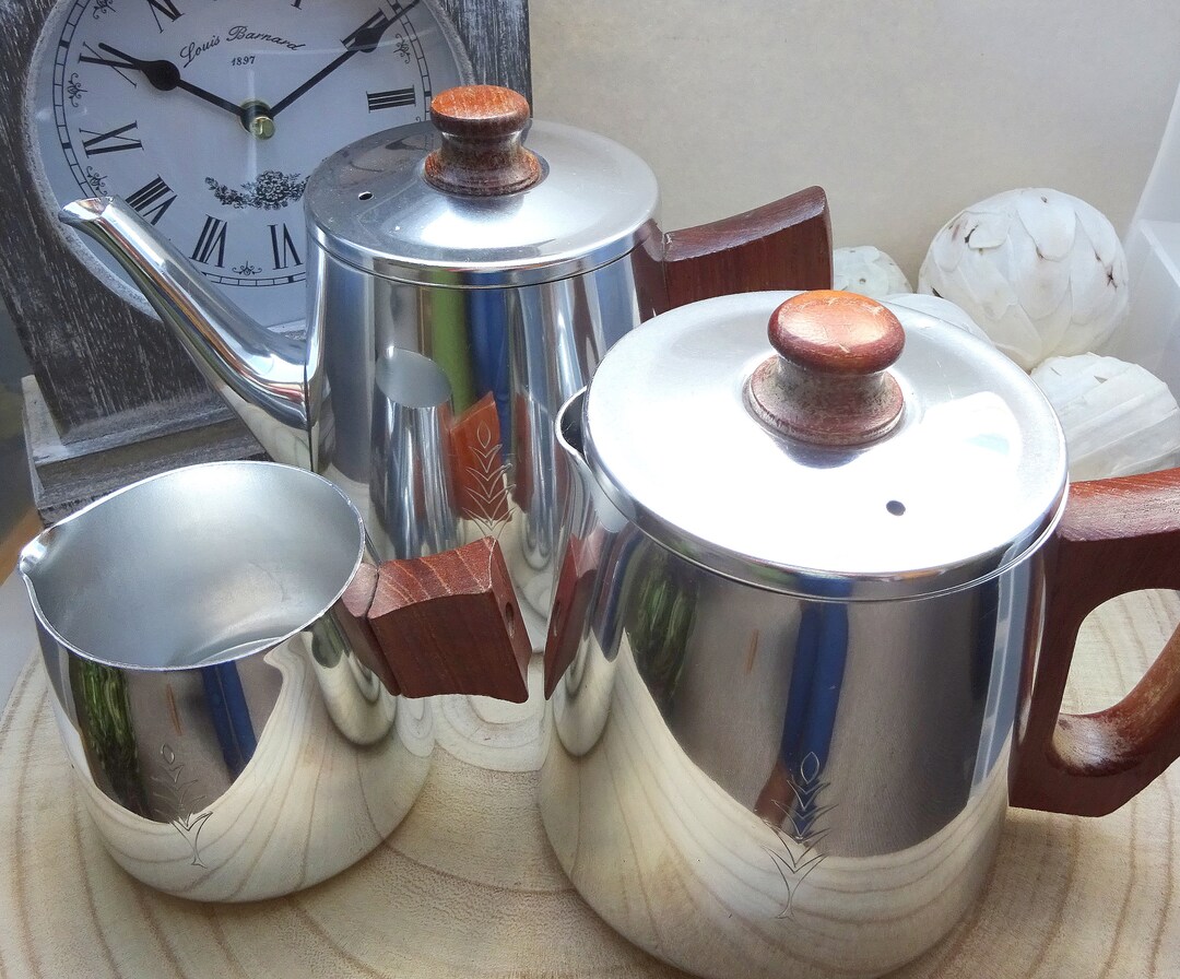 Vintage/retro Sona 3 Piece Wooden Handle Tea/coffee Set, Engraved Leaf ...