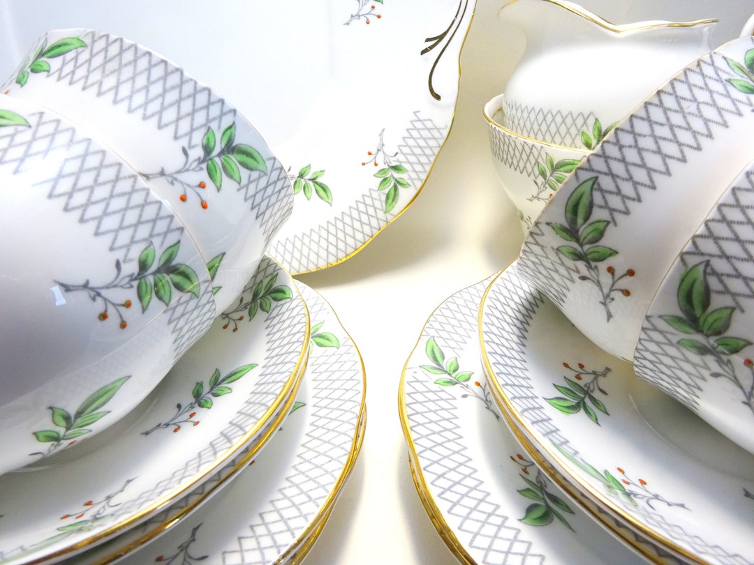 Vintage Bone China Tea Set for 4, Hand Painted Dainty Leaf Pattern Tea ...