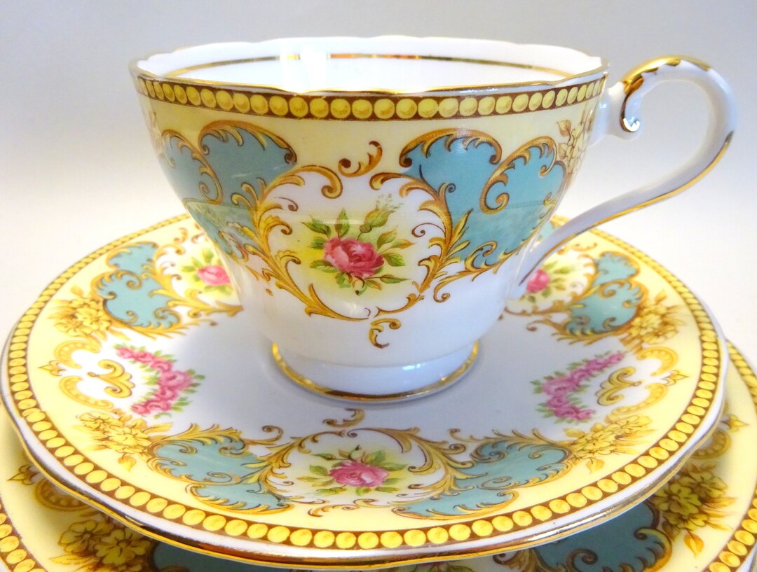 Vintage Aynsley China Tea Trio, Pink Roses, Green Cartouches, Gilt ...