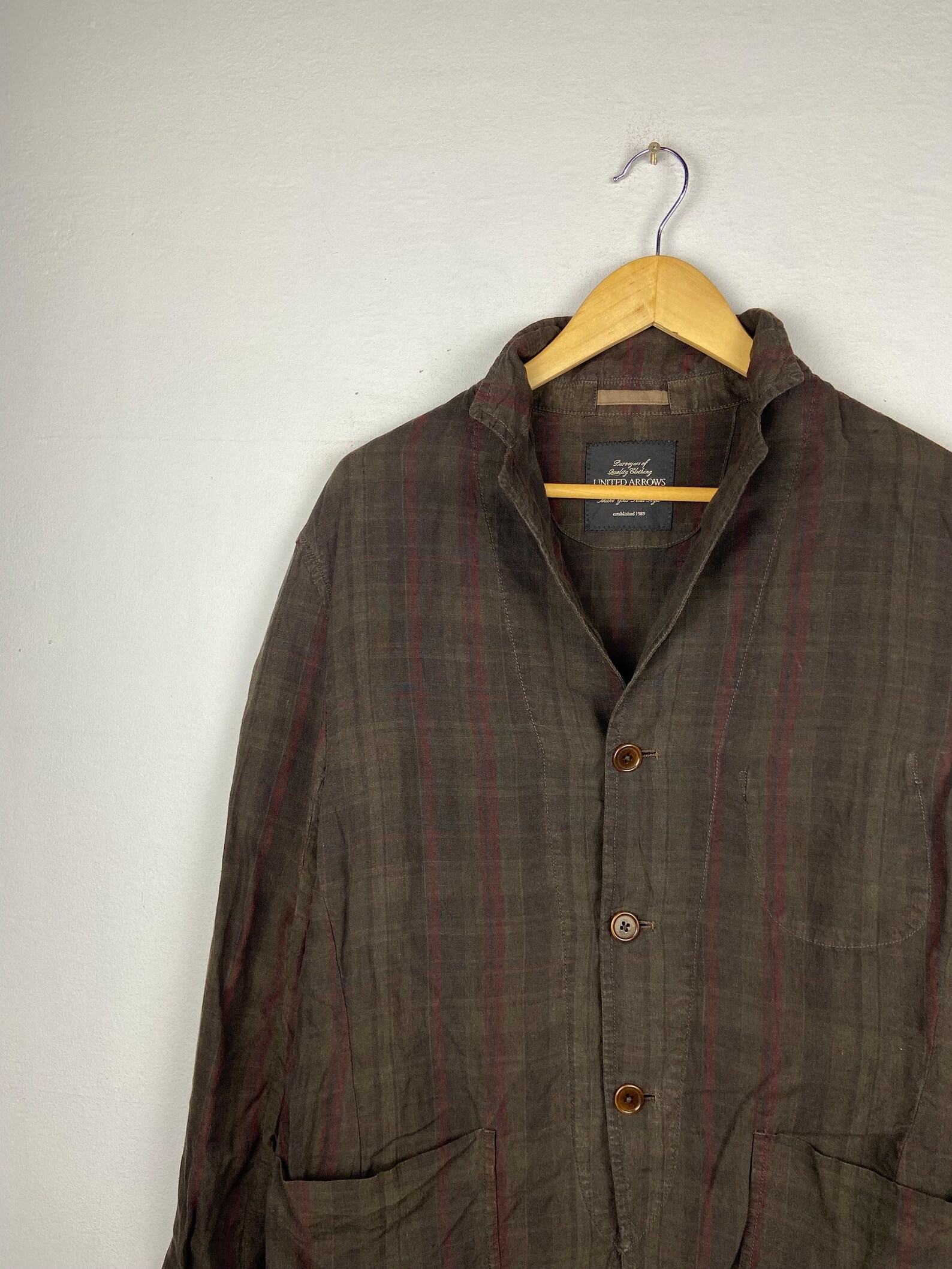 United Arrow Clothing Coat Leinen Large Checked Brown Linen Coat Jacket ...