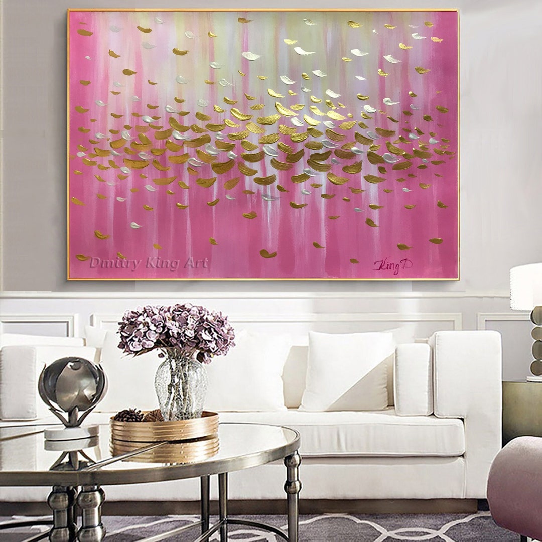 Modern Pink Gold Abstract Oil Painting Gold Leaf Canvas Painting Large ...