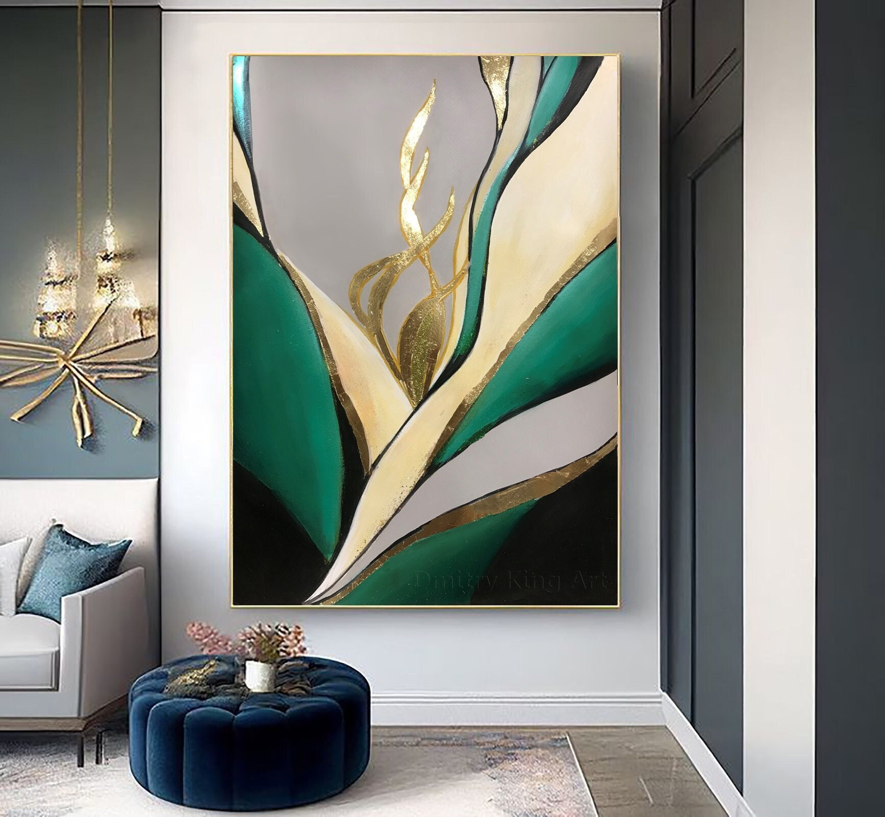 Large Abstract Painting, Original Green Emerald Painting, Gold Painting ...