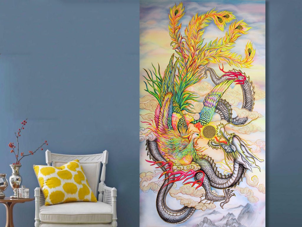 Large Art Print Dragon and Phoenix, Dragon Wall Art, Dragon Art Print ...