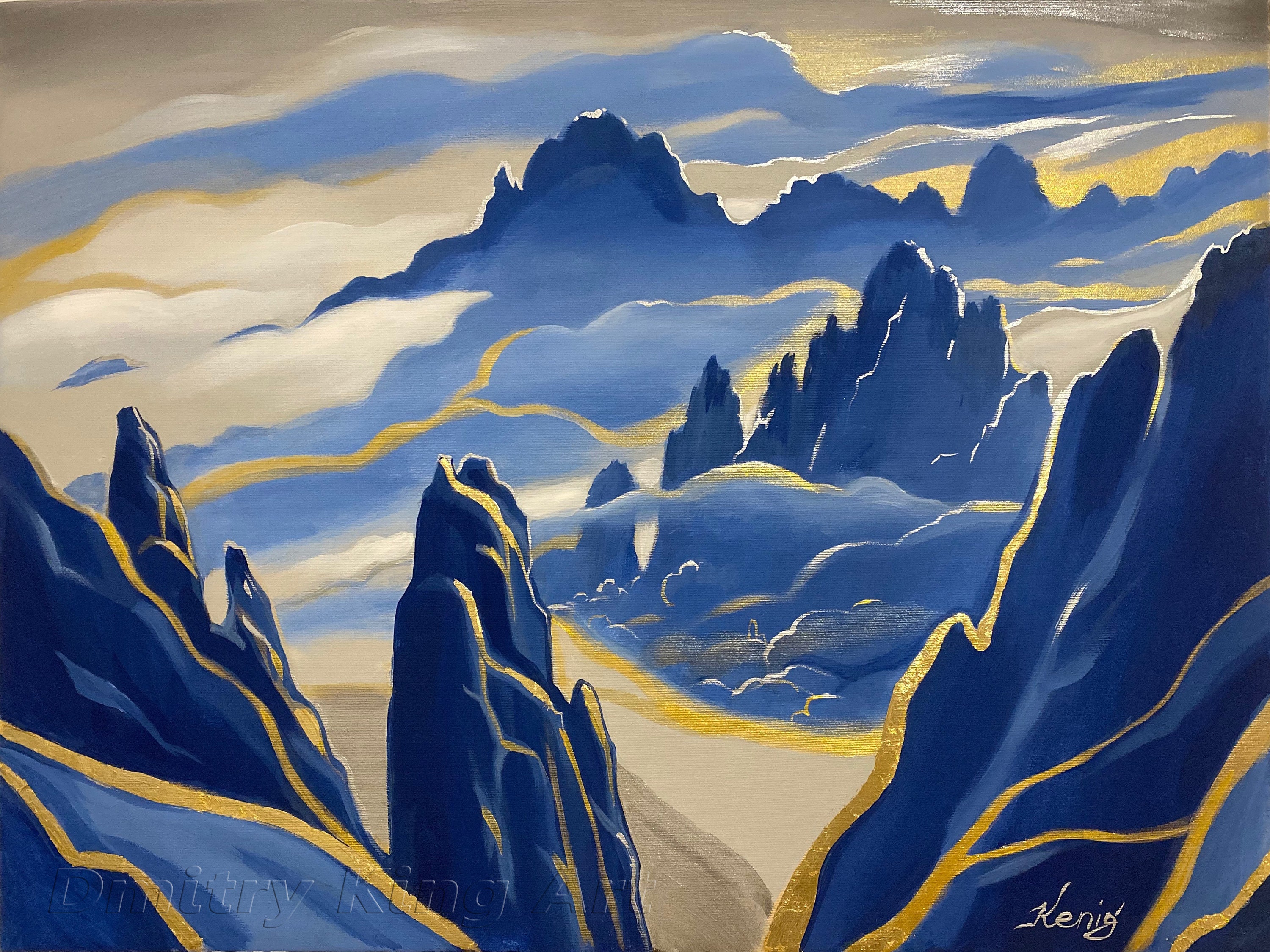 Large Abstract Blue Gold Mountains Painting, Mountain Landscape, Modern ...