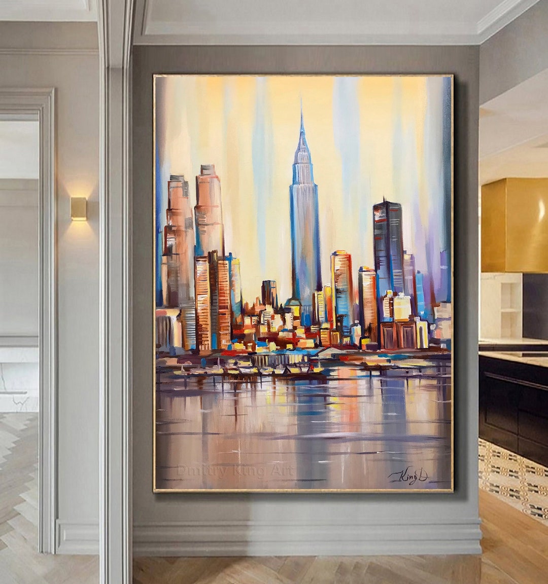 Large City Abstract Painting on Canvas, New York City Skyline Painting ...