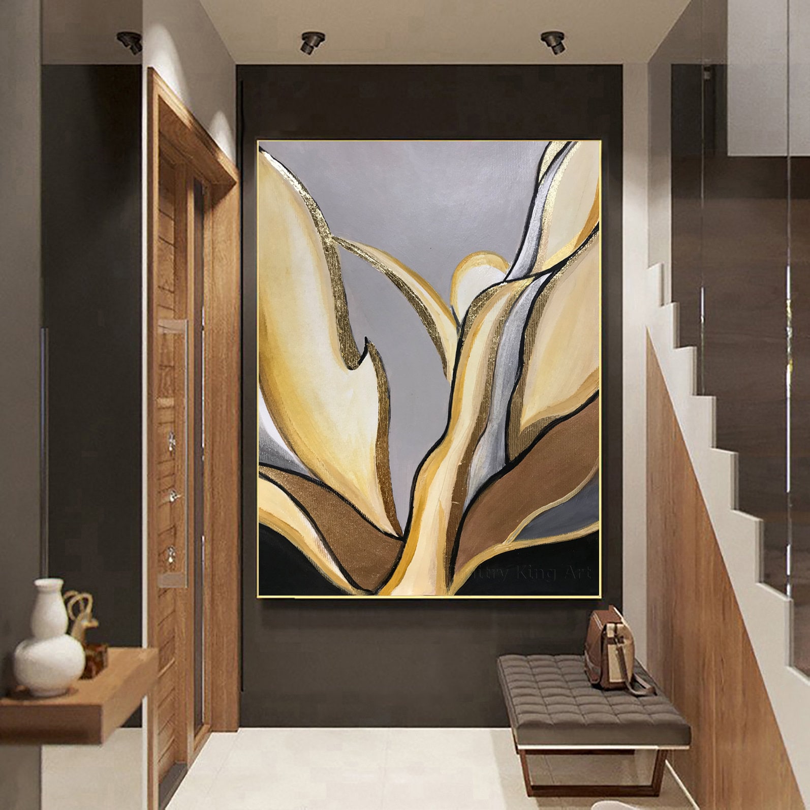 Large Gold Abstract Painting, Beige Abstract Painting, Original ...