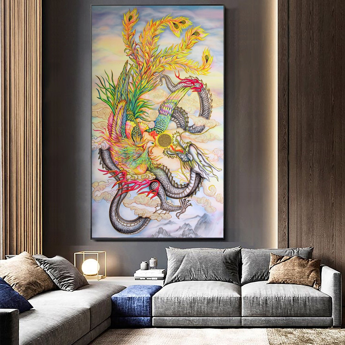 Large Art Print Dragon and Phoenix, Dragon Wall Art, Dragon Art Print ...