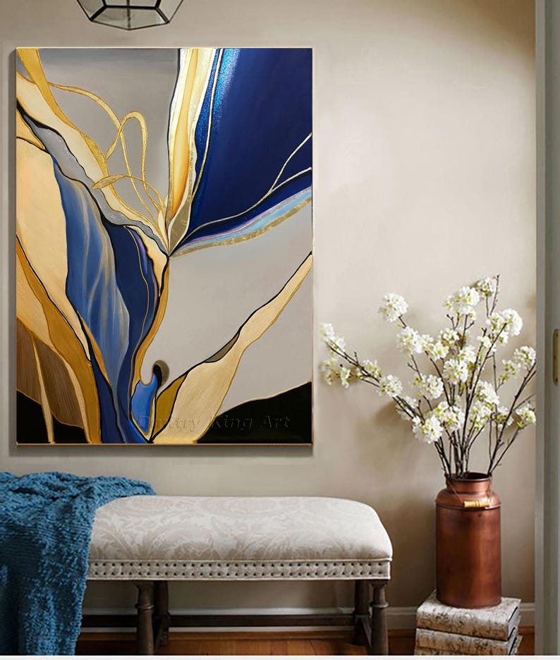 Gran pintura abstracta, pintura original de pan de oro azul, arte abstracto, pintura abstracta ...