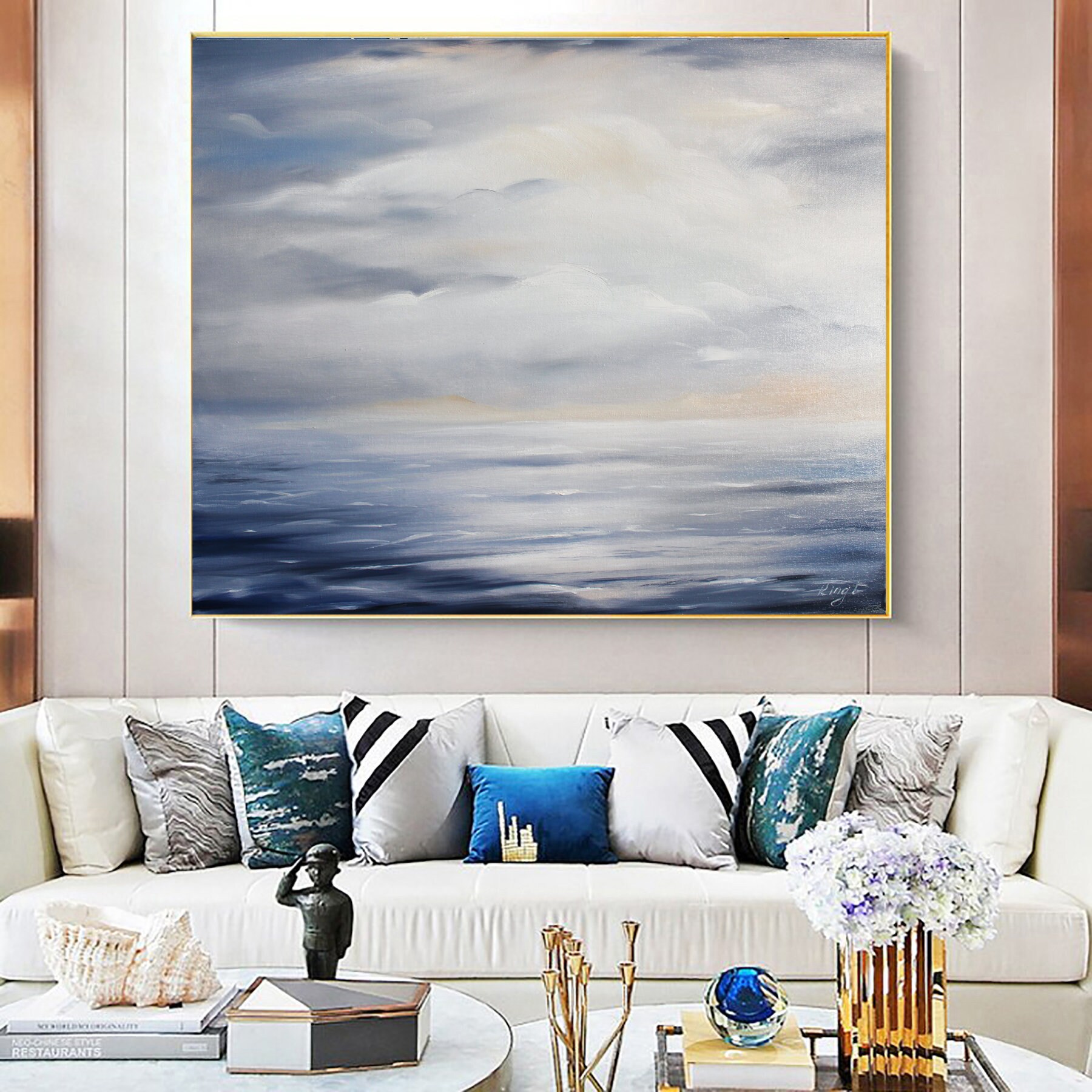 Large Ocean Abstract Painting, Blue Ocean Abstract Painting, Sea Wave ...