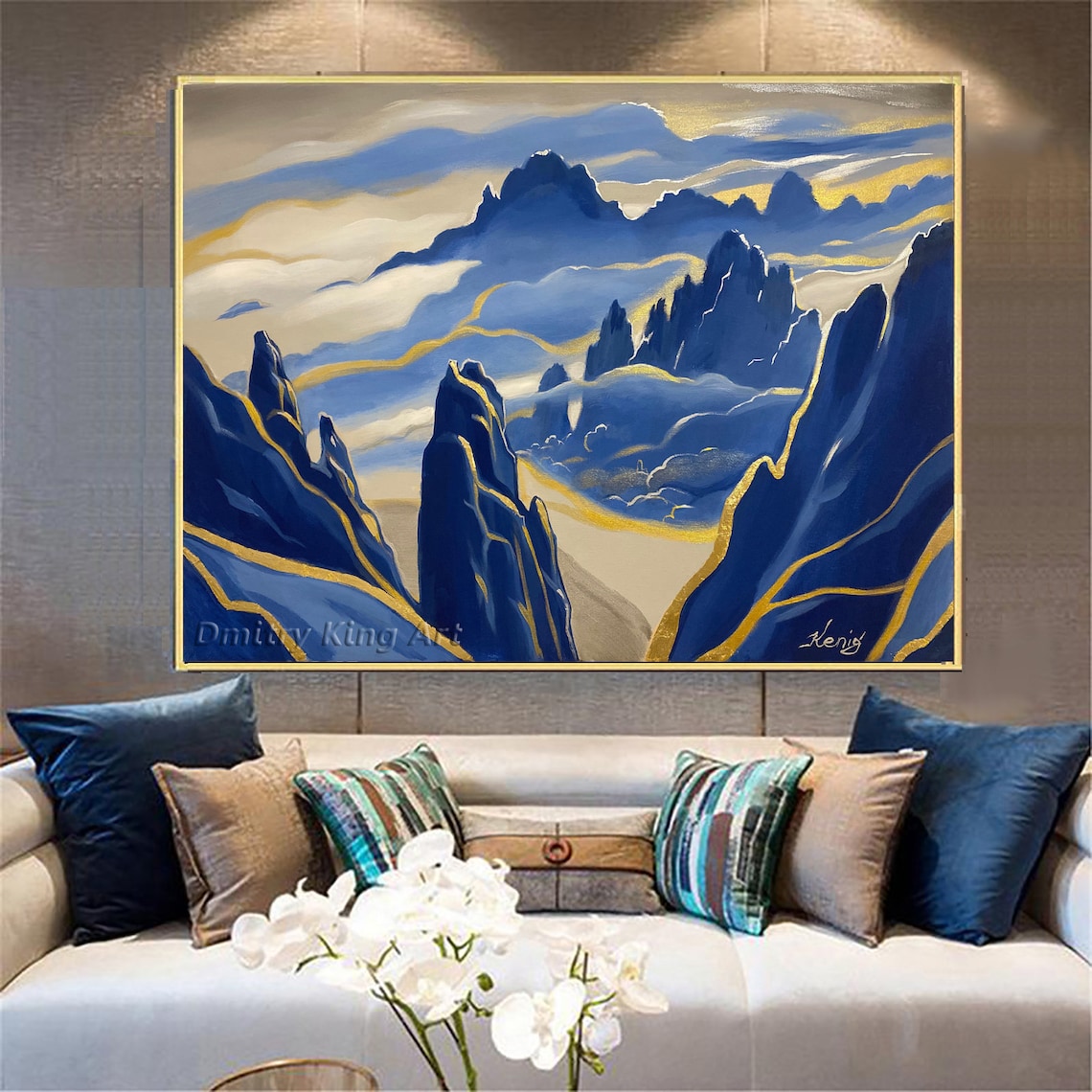 Large Abstract Blue Gold Mountains Painting, Mountain Landscape, Modern ...