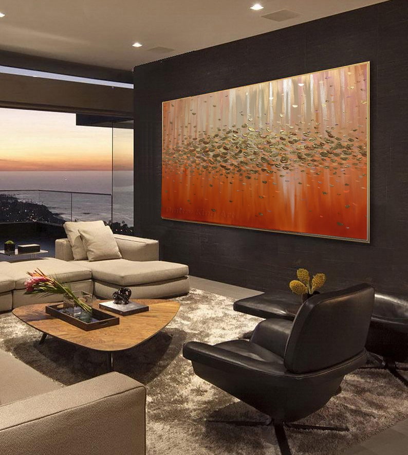 Large Abstract Ivory Orange Oil Painting, Golden Sunshine, Gold Leaf ...