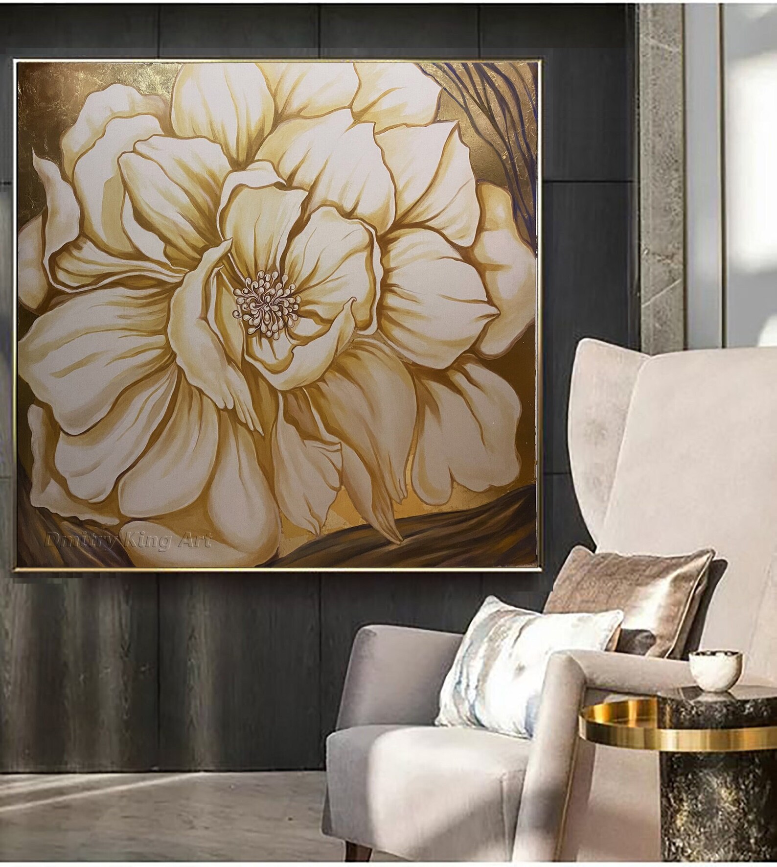 Large Flower Wall Art, Gold Leaf Floral Painting, Original Flower ...
