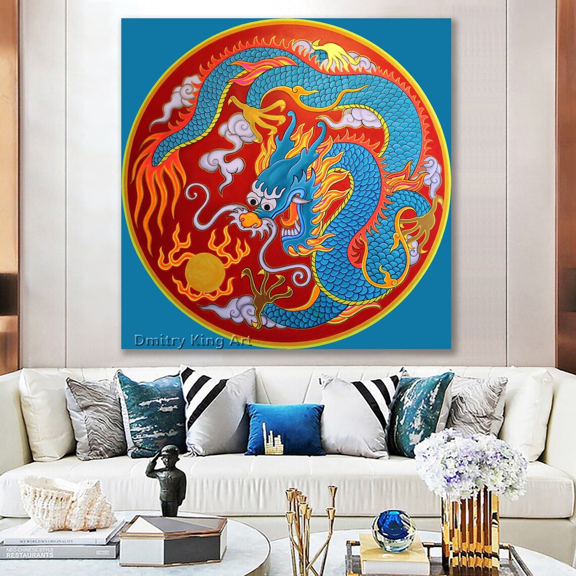 Blue Dragon in Circle Art Canvas Dragon Print Chinese Dragon - Etsy