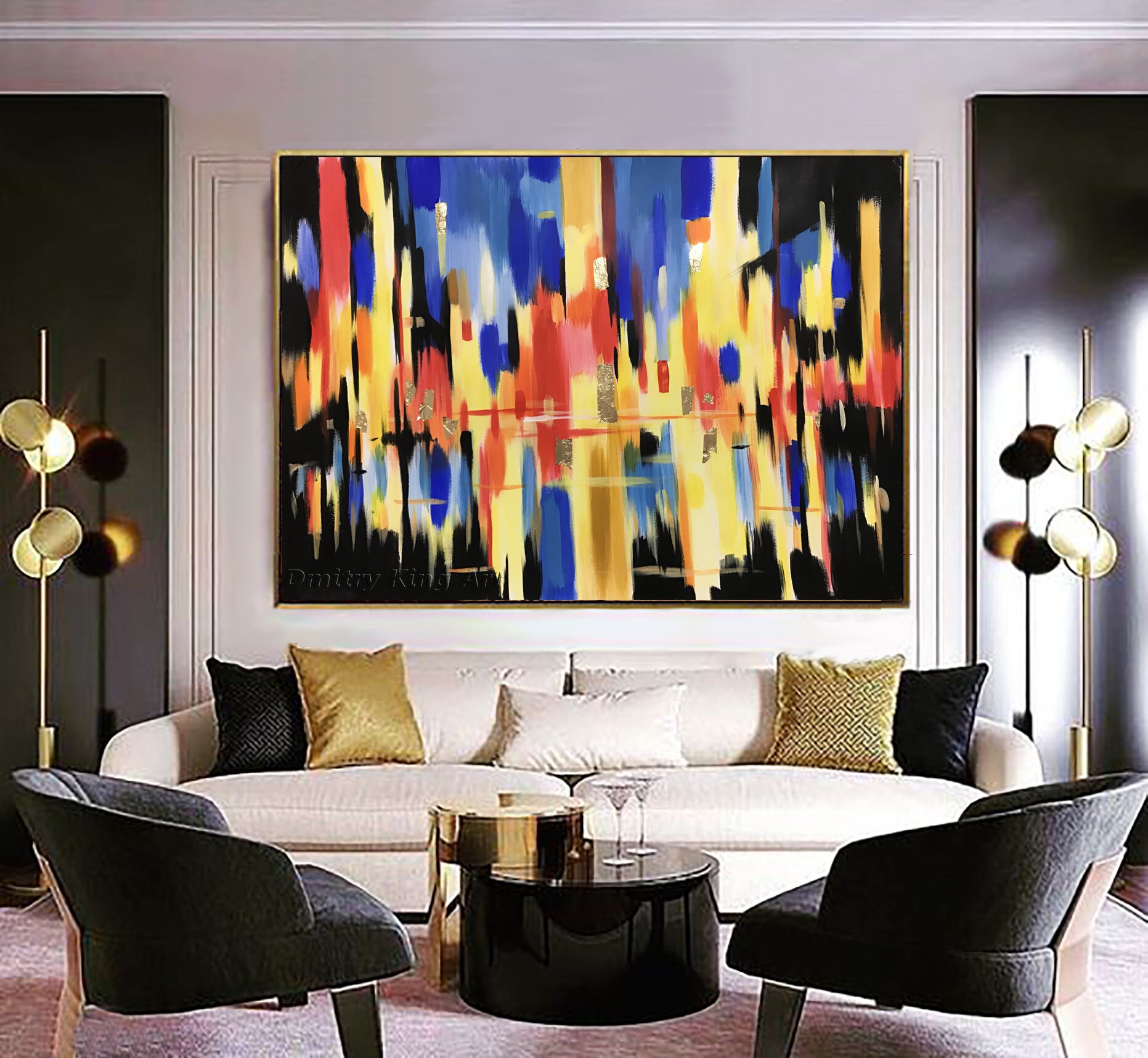 Extra Large Modern Textured Colorful Abstract Wall Art Black Yellow ...