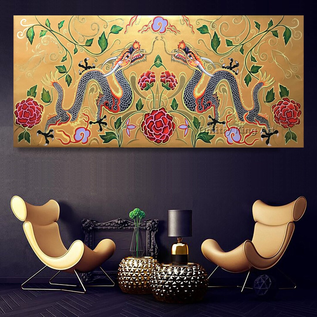 Large Dragons Art, Golden Dragons Wall Art, Chinese Dragon Art, Golden ...
