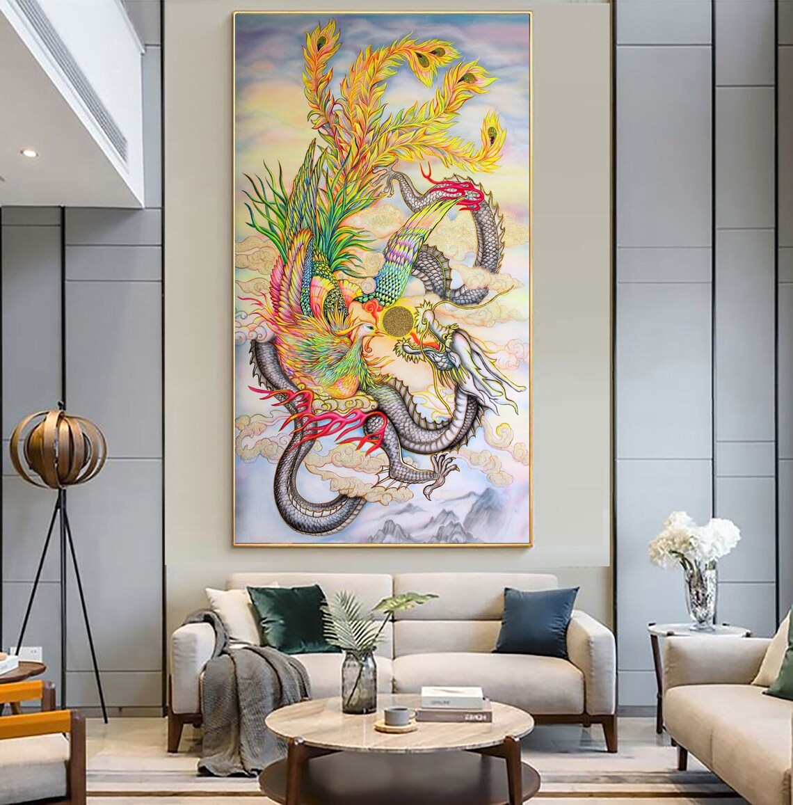 Large Art Print Dragon and Phoenix, Dragon Wall Art, Dragon Art Print ...