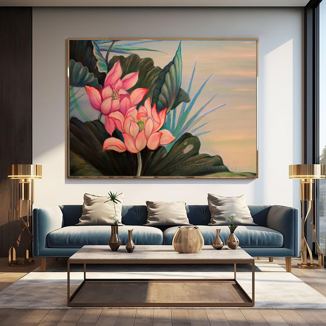 Original Pink Lotus Flower Painting on Canvas, Modern Lotus Wall Art ...