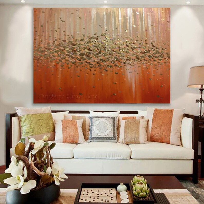 Large Abstract Ivory Orange Oil Painting, Golden Sunshine, Gold Leaf ...