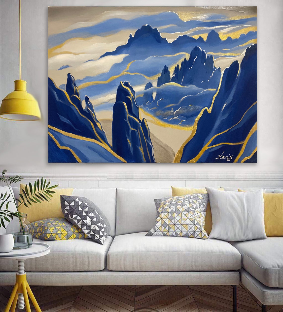 Large Abstract Blue Gold Mountains painting Mountain | Etsy