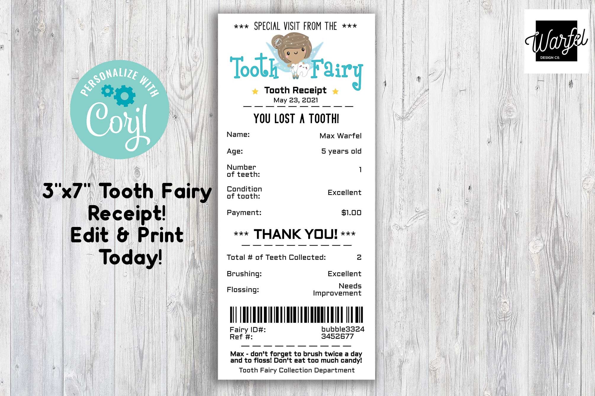 Tooth Fairy Receipt Template Lost tooth certificate Tooth | Etsy