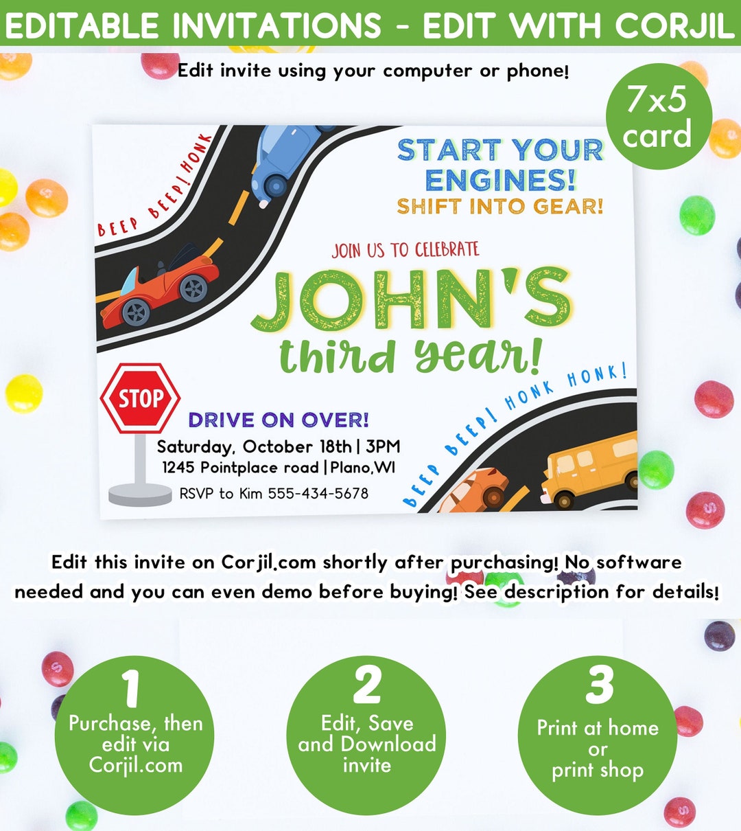 Car Birthday Invitation Car Party Invitation for Boys Edit - Etsy