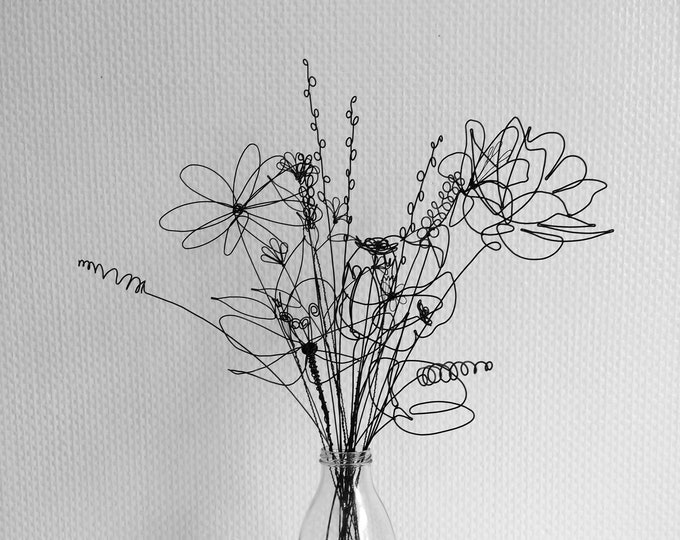 Bouquet of 20 2D & 3D Flowers in Annealed Wire, Artificial Flower, Floral Decoration, Boho ...