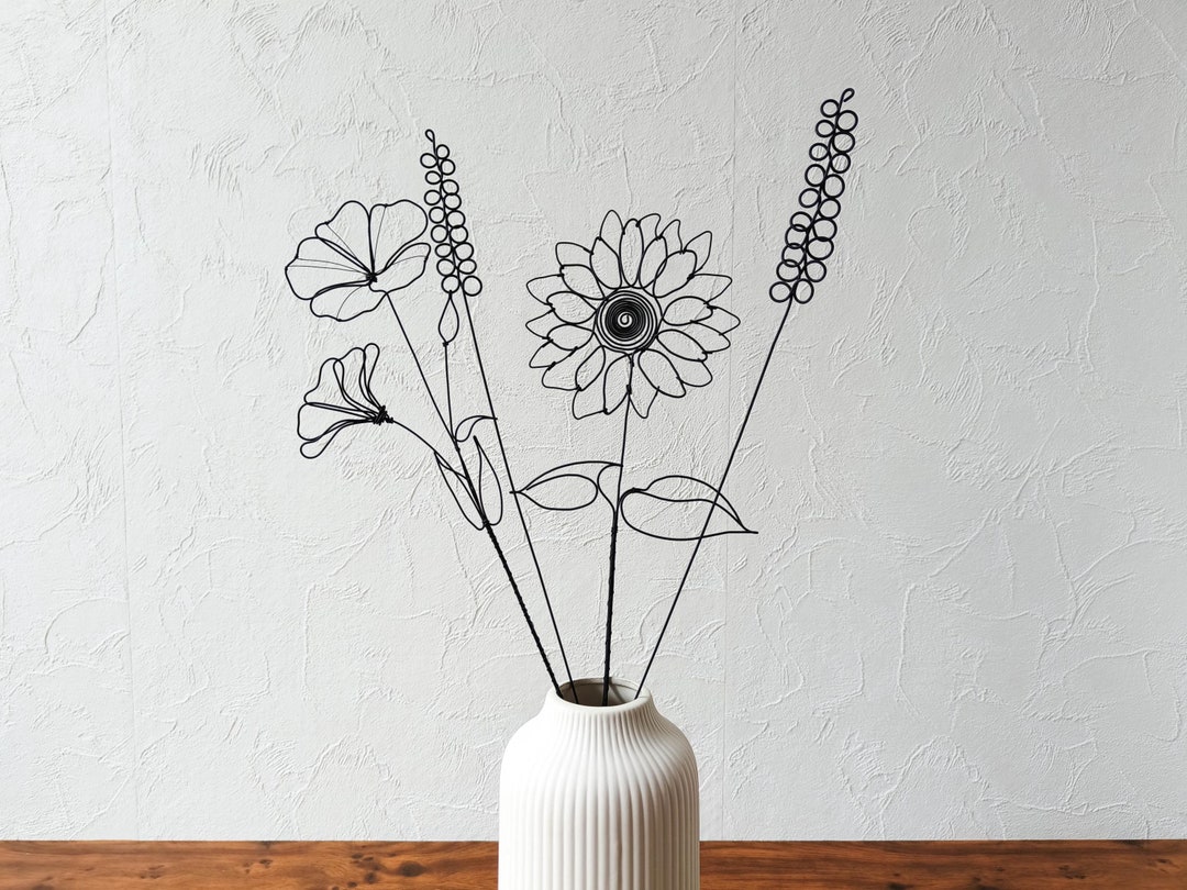 Bouquet de 4 fleurs en fil de fer recuit, fleurs vase floral ...