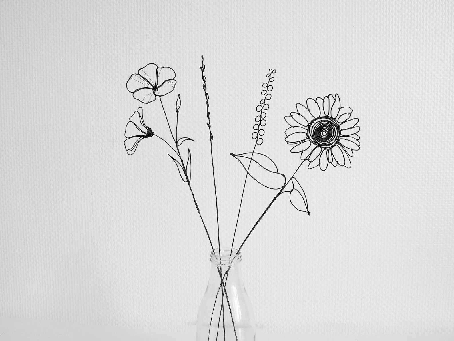 Bouquet de 4 fleurs en fil de fer recuit, fleurs vase floral ...