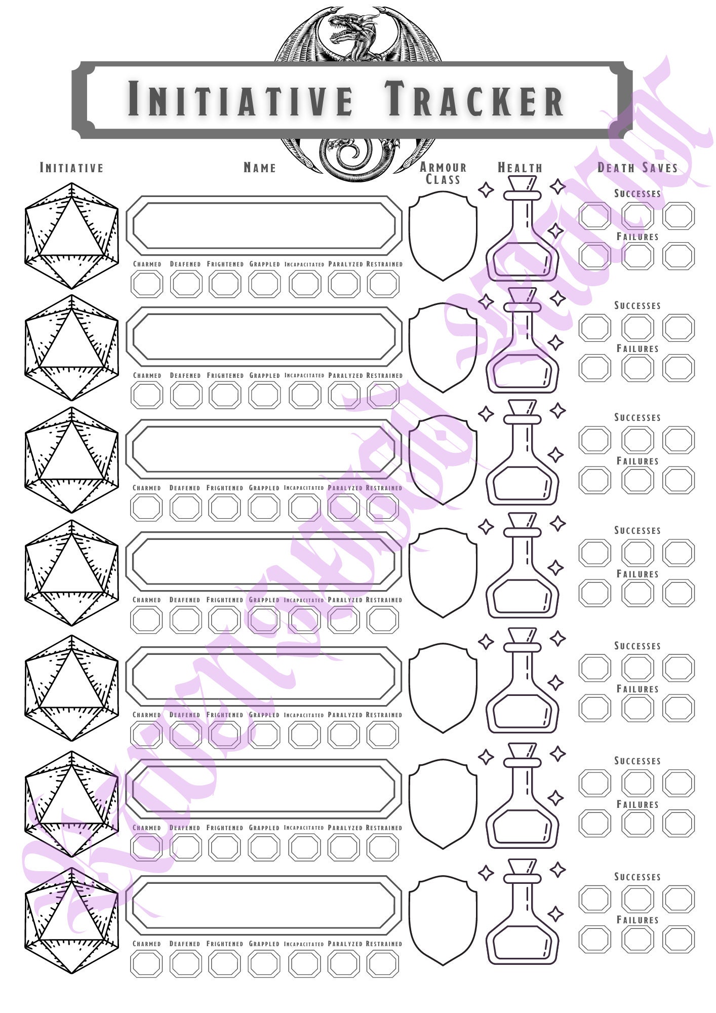 Combat Initiative Tracker A4 PRINTABLE DIGITAL DOWNLOAD Dungeons and ...