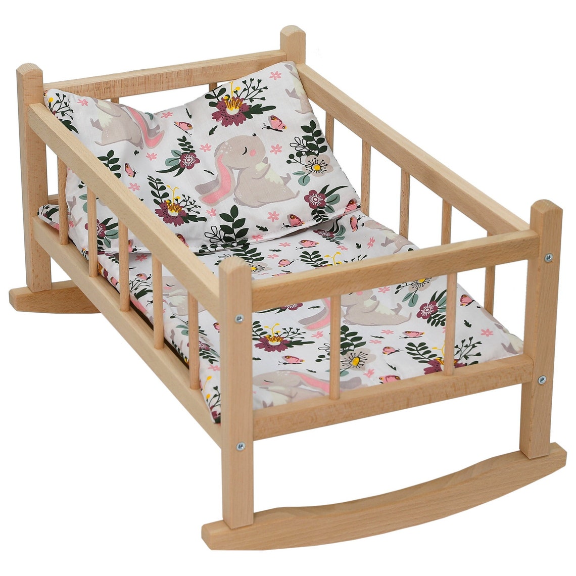 Large Wooden Rocking Bed Cot Crib Dolls and Bedding Set - Etsy