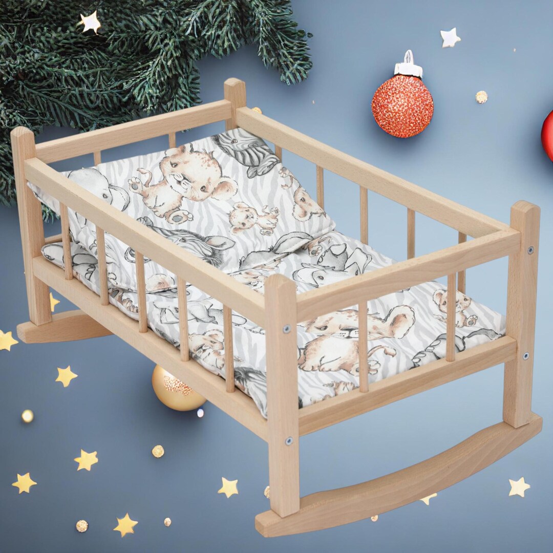 Large Wooden Rocking Bed Cot Crib Dolls and Bedding Set Baby Lion ...