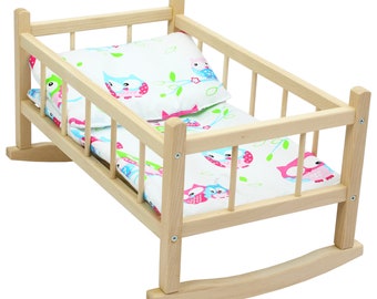 Large Wooden Rocking Bed Cot Crib Dolls and Bedding Set | Etsy UK