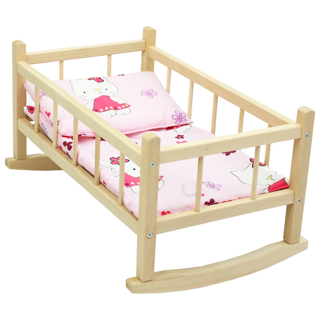 Large Wooden Rocking Bed Cot Crib Dolls and Bedding Set Pink Kitty - Etsy