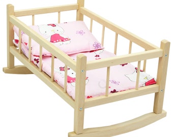 Large Wooden Rocking Bed Cot Crib Dolls and Bedding Set - Etsy