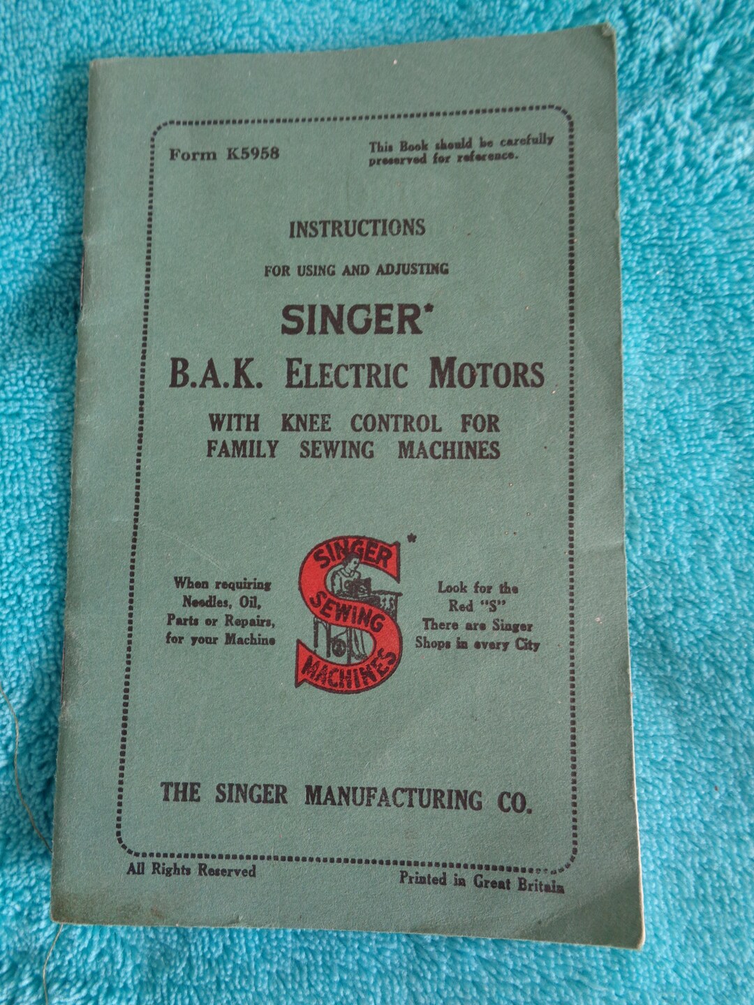 Instructions for Using and Adjusting 'singer' B.A.K. Electric Motors ...