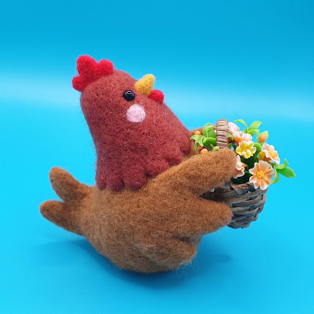 Needle Felted Hen With a Basket of Flowers / Handmade Wool Decoration ...