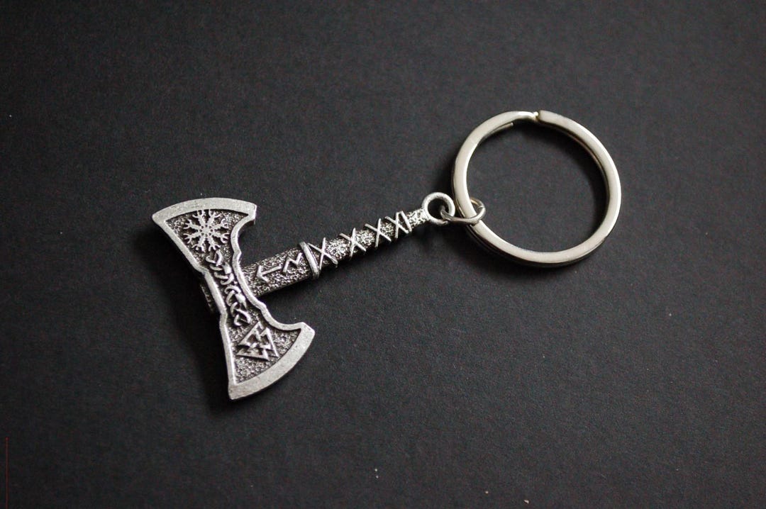 Viking Double Sided Axe With Valknut and Aegishjalmur Odin Keychain ...
