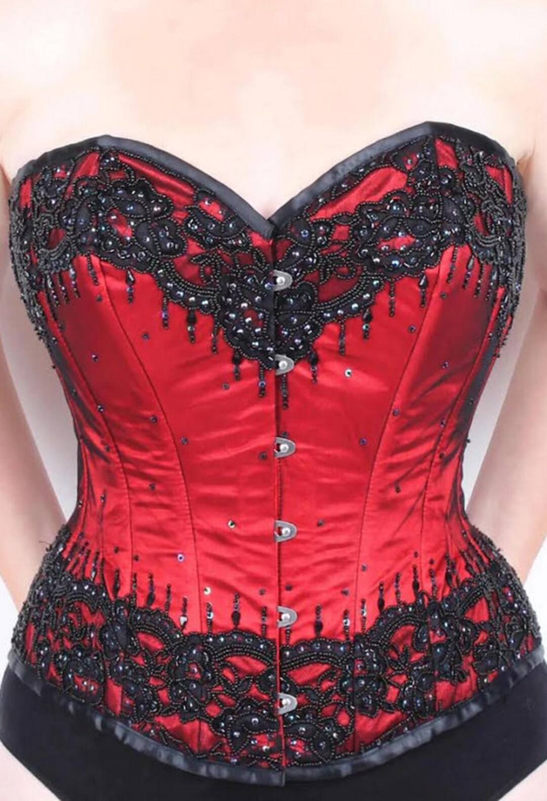 Red Burlesque Satin Black Sequins Plus Size Overbust Corset Outfit Etsy